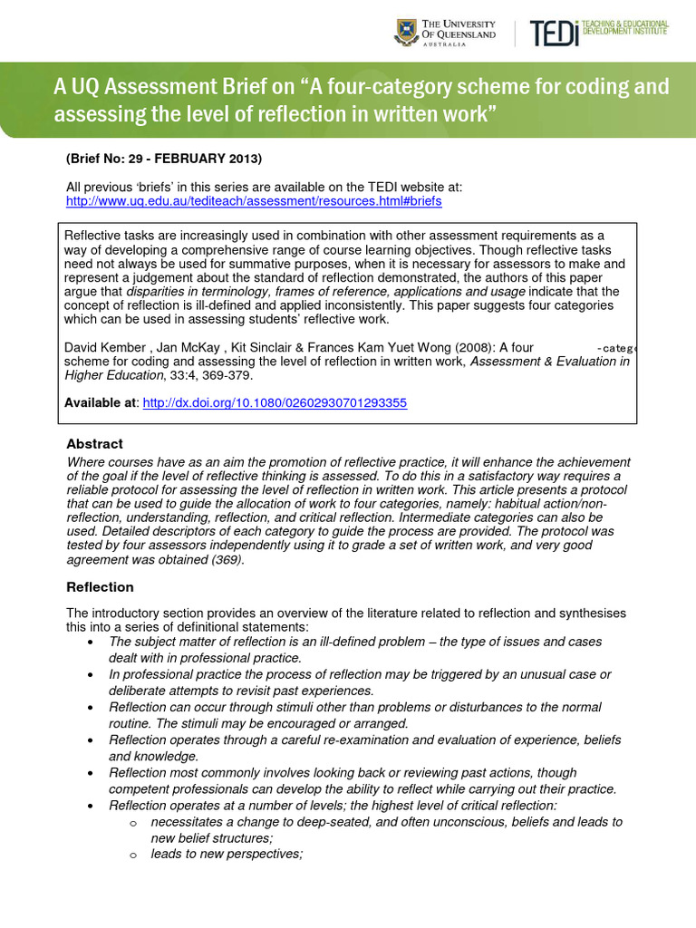 Reflection Assessment Scheme Guide | PDF | Experience | Educational ...