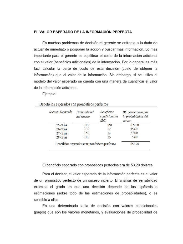 EL VALOR ESPERADO DE LA INFORMACIÓN PERFECTA | PDF