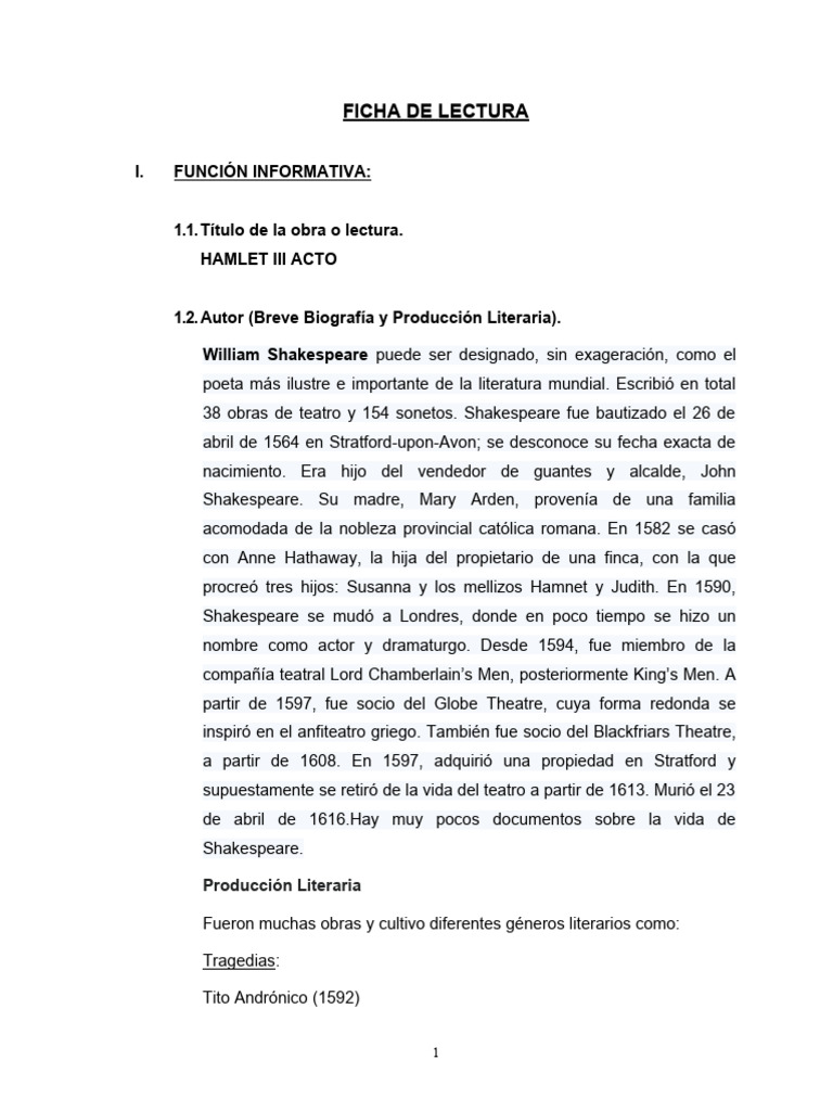 Ficha de lectura Hamlet | Descargar gratis PDF | Aldea | William Shakespeare