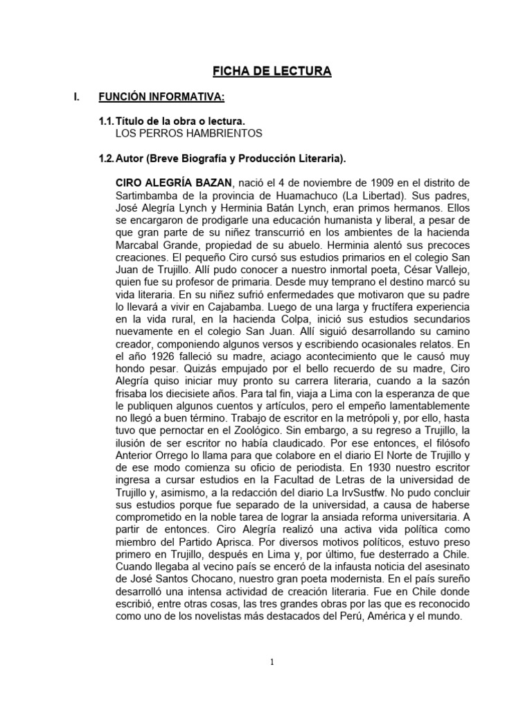 Ficha de Lectura Los Perros Hambrientos | PDF