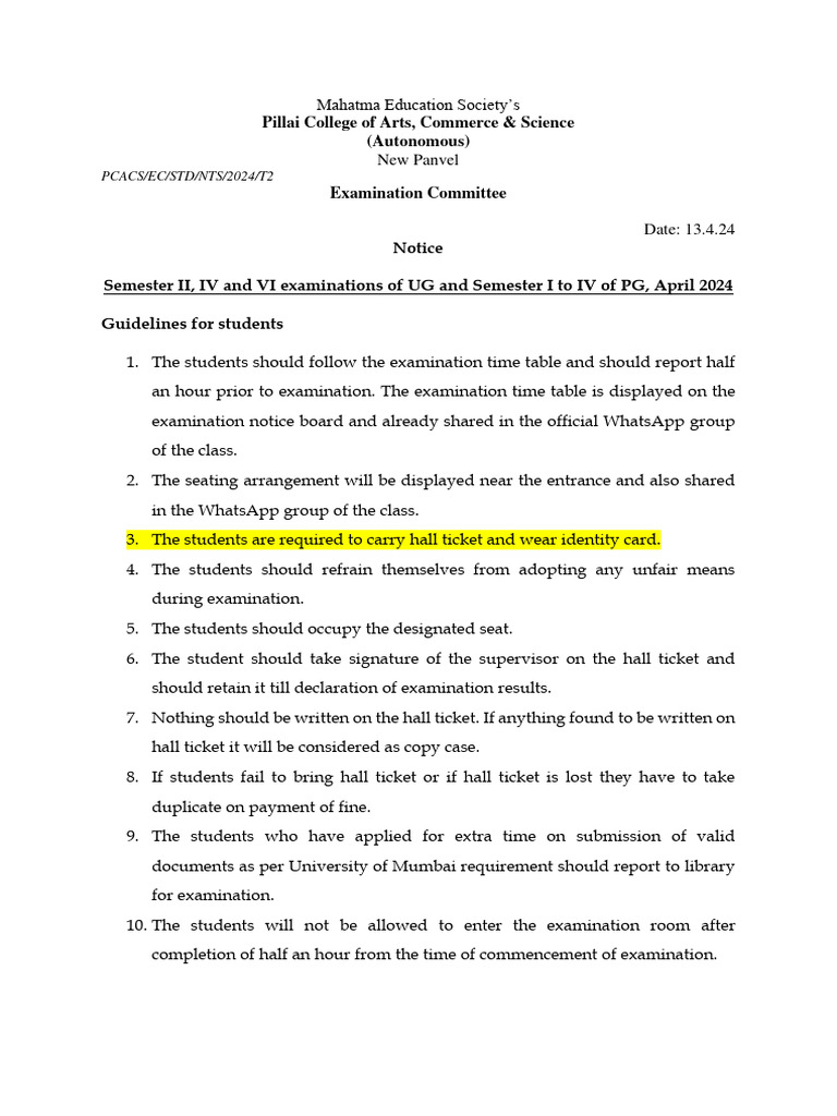 Guidelines For Students For SE Exam April 2024 | PDF