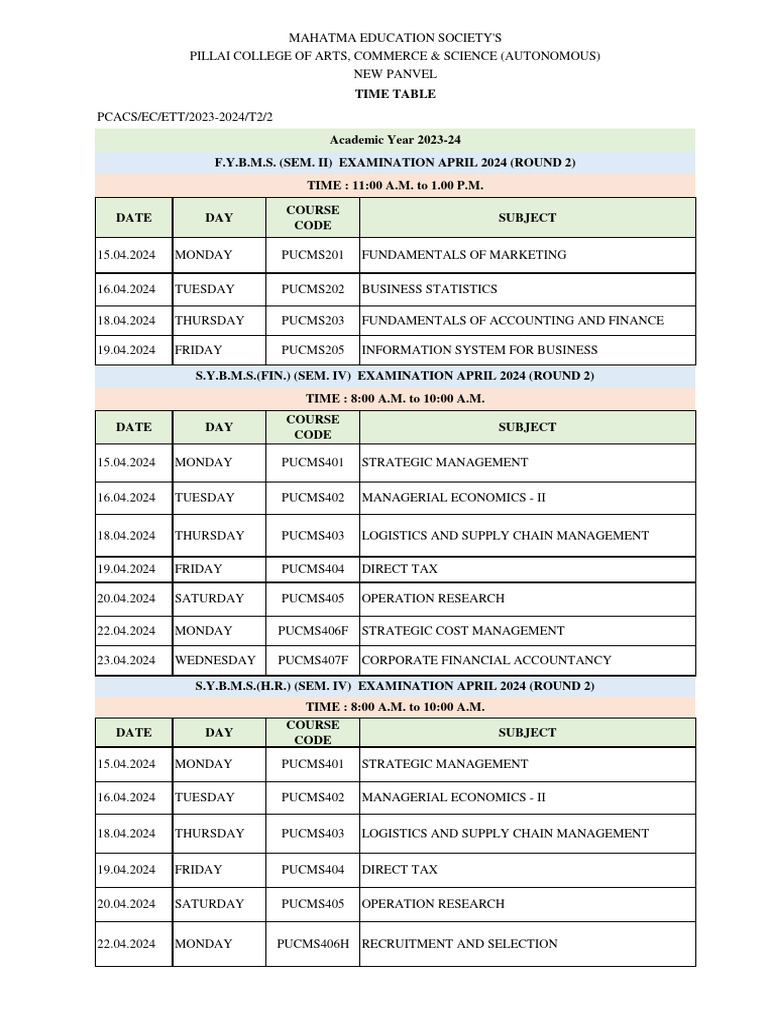 BMS 2023 Exam Schedule April 2024 | PDF | Business | Marketing