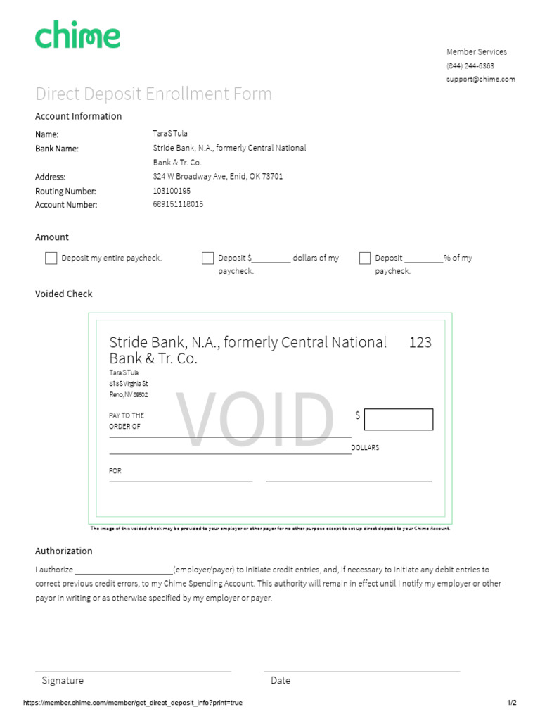 Direct Deposit Enrollment Form - Chime | PDF | Paycheck | Banks