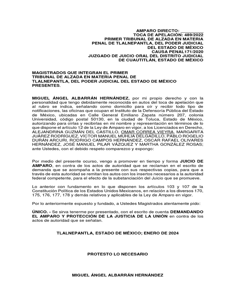 Amparo Directo de Miguel Ángel Albarrán | PDF | Caso de ley | Debido al ...
