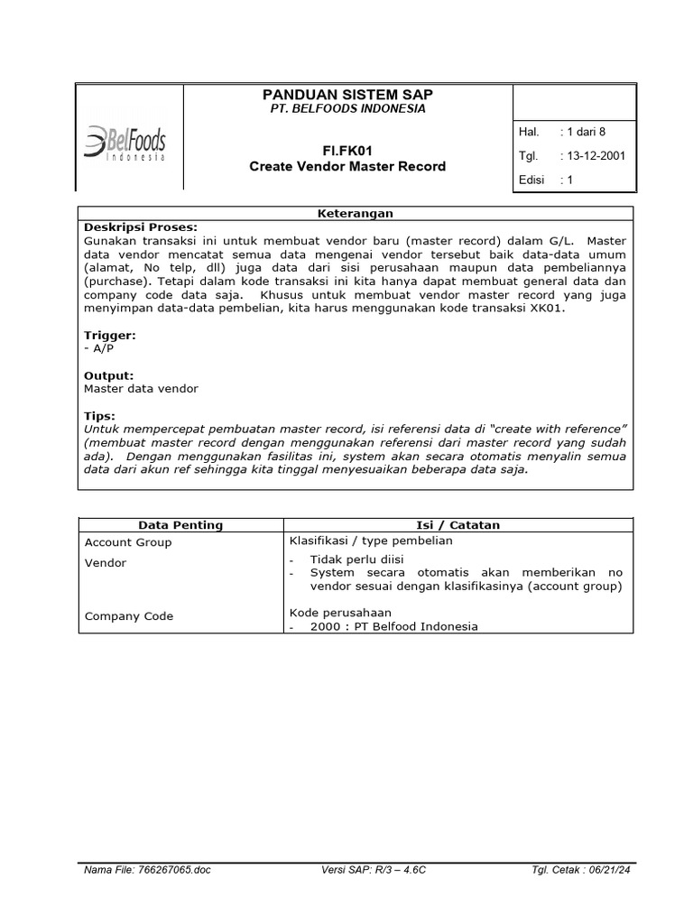 UM - BF.FI.01 (Create Vendor Master Record) - FK01 | PDF | Bisnis | Pengelolaan Keuangan & Uang