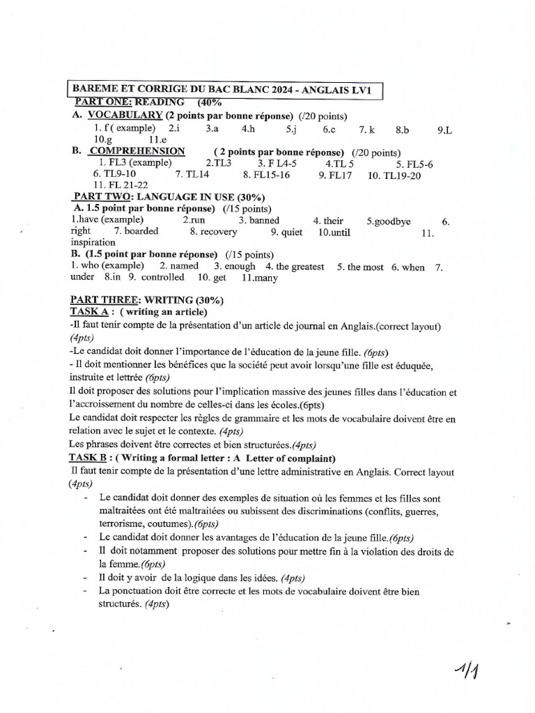 Bareme Anglais Lv1 Bac Blanc 2024 | PDF