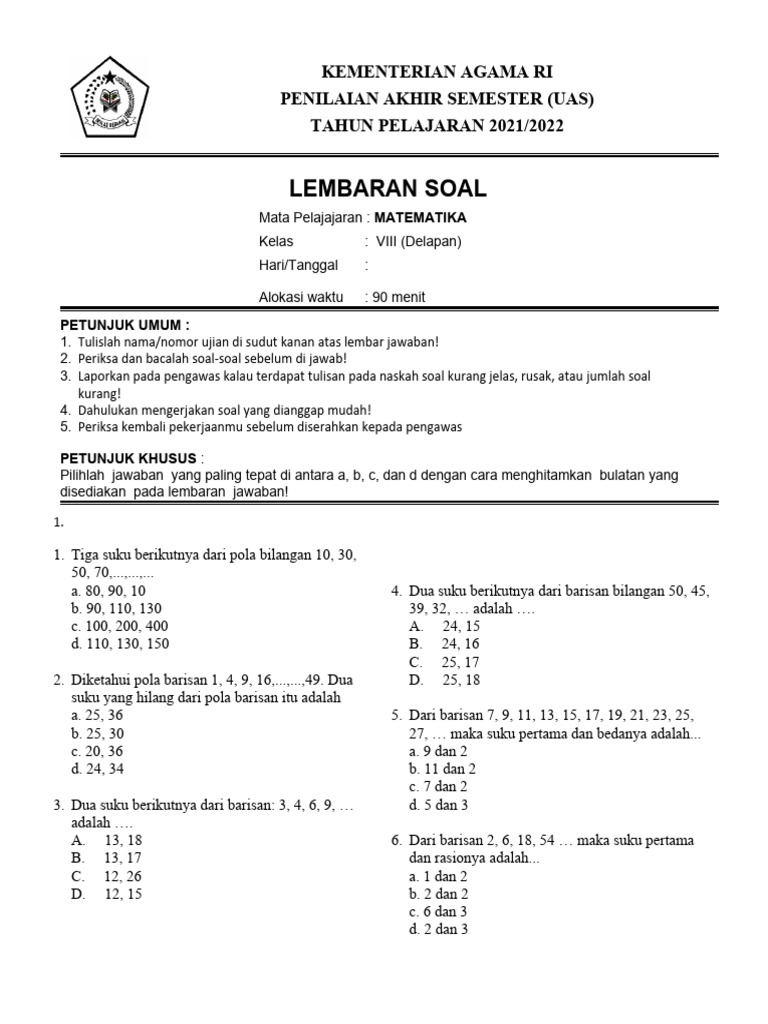 Soal Matematika Kelas 8 MTs | PDF
