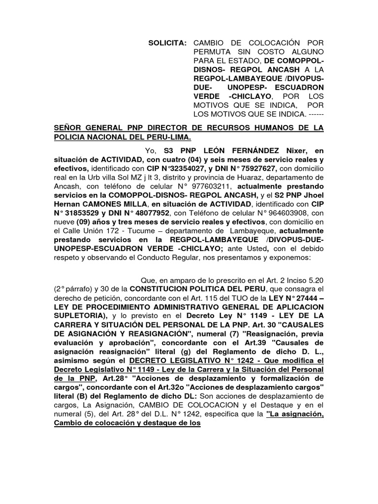Permuta s3 PNP León Fernández Nixer | PDF | Policía | Constitución