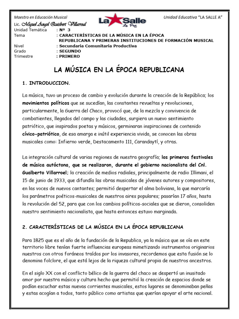 T.3 2º Musica en La Republica | PDF | Bolivia | Coro