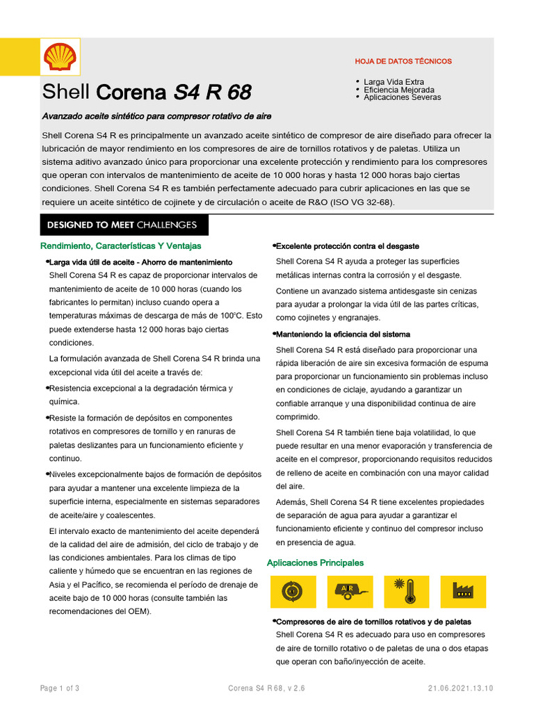 Shell Corena S4 R 68 | PDF | Rodamiento (Mecánico) | Lubricante