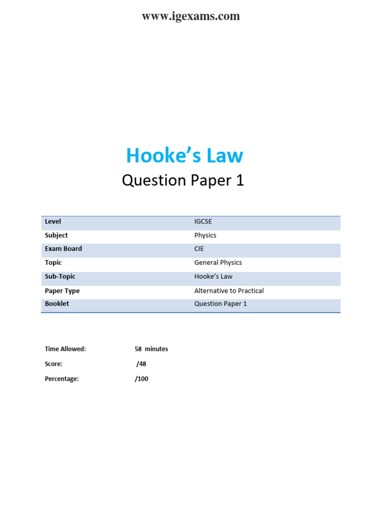 151.1 Hooke s Law CIE IGCSE Physics Practical QP | Download Free PDF ...