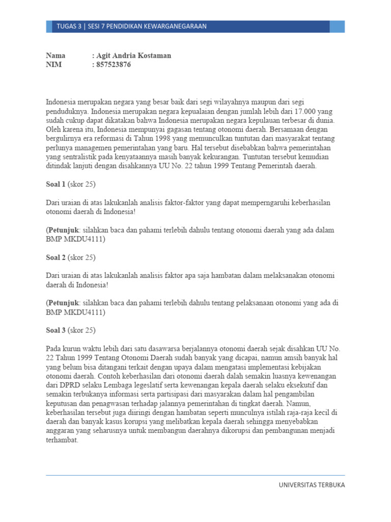 Tugas 3 Sesi 7 Pendidikan Kewarganegaraan MKWU 4109 Universitas Terbuka FKIP S1-PGSD | PDF