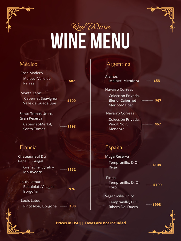 Menú Carta de Vinos Tinto y Blanco Elegante Rojo Marrón | PDF | Cultivos originarios de Europa ...