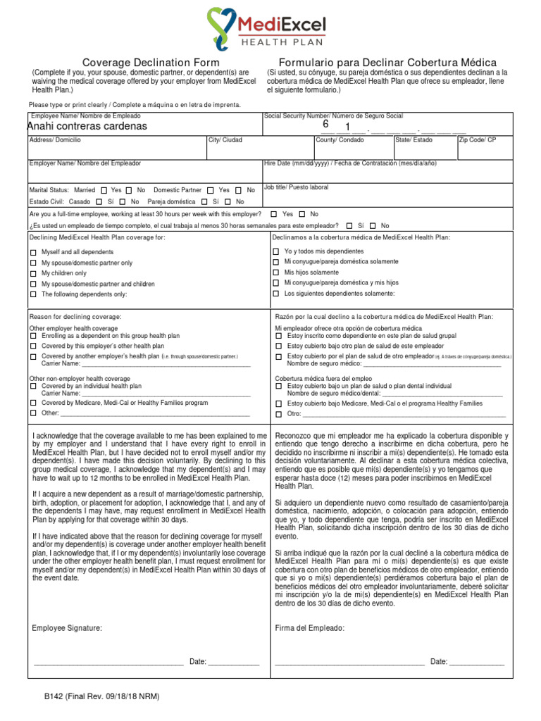 MEHP Coverage Declination Form MEDIEXCEL | PDF | Servicios públicos ...