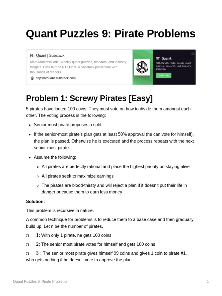 Quant Puzzles 9 Pirate Problems | PDF | Applied Mathematics | Algorithms