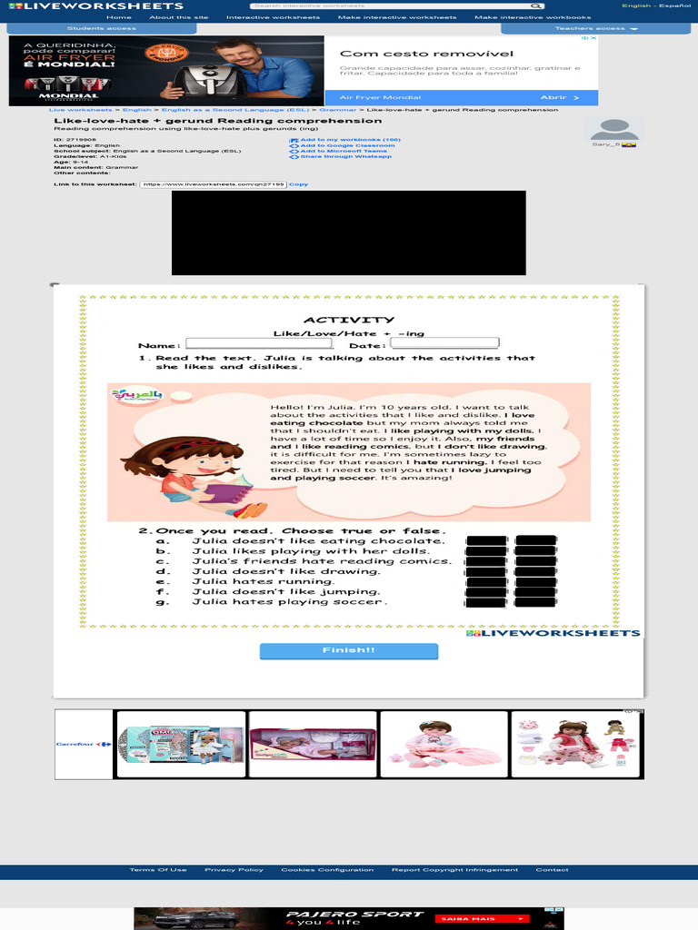 Like-Love-Hate + Gerund Reading Comprehension Worksheet | PDF