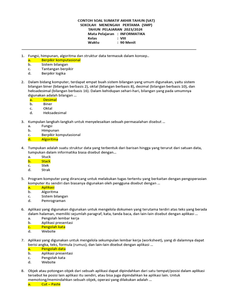Contoh Soal Informatika Kls 8 Merdeka | PDF