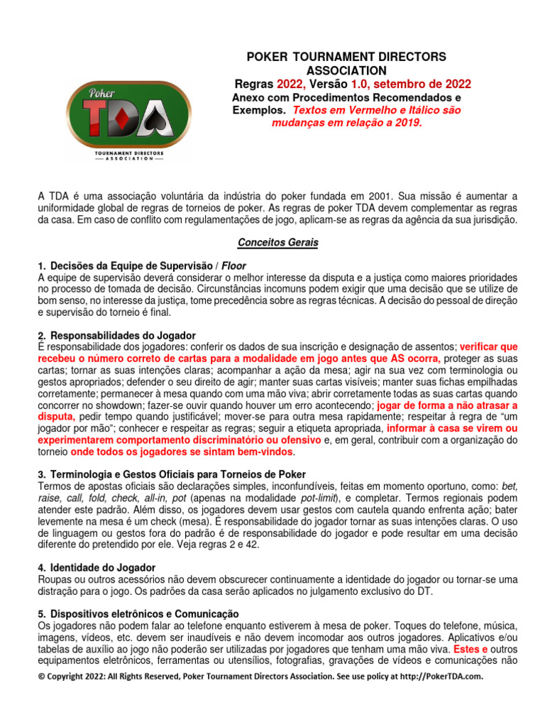 2022 Poker TDA Rules DOC Longform Tversion 1.0 - PORTUGUESE | PDF ...