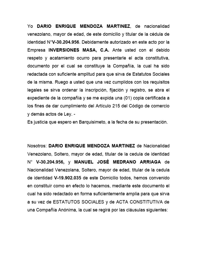 Acta Constitutiva Inversiones Masa, C.A | PDF | Compartir (Finanzas) | Documento de identidad
