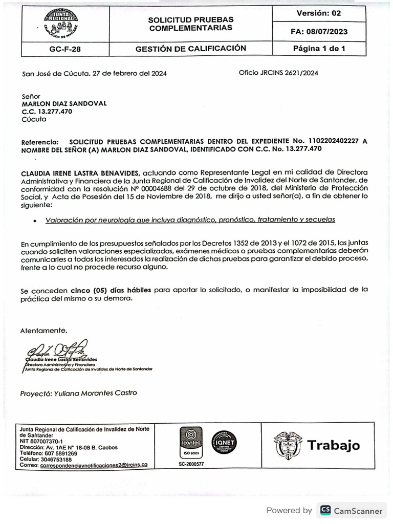 Solicitud Pruebas Complementarias Marlon Diaz Sandoval 2 | PDF