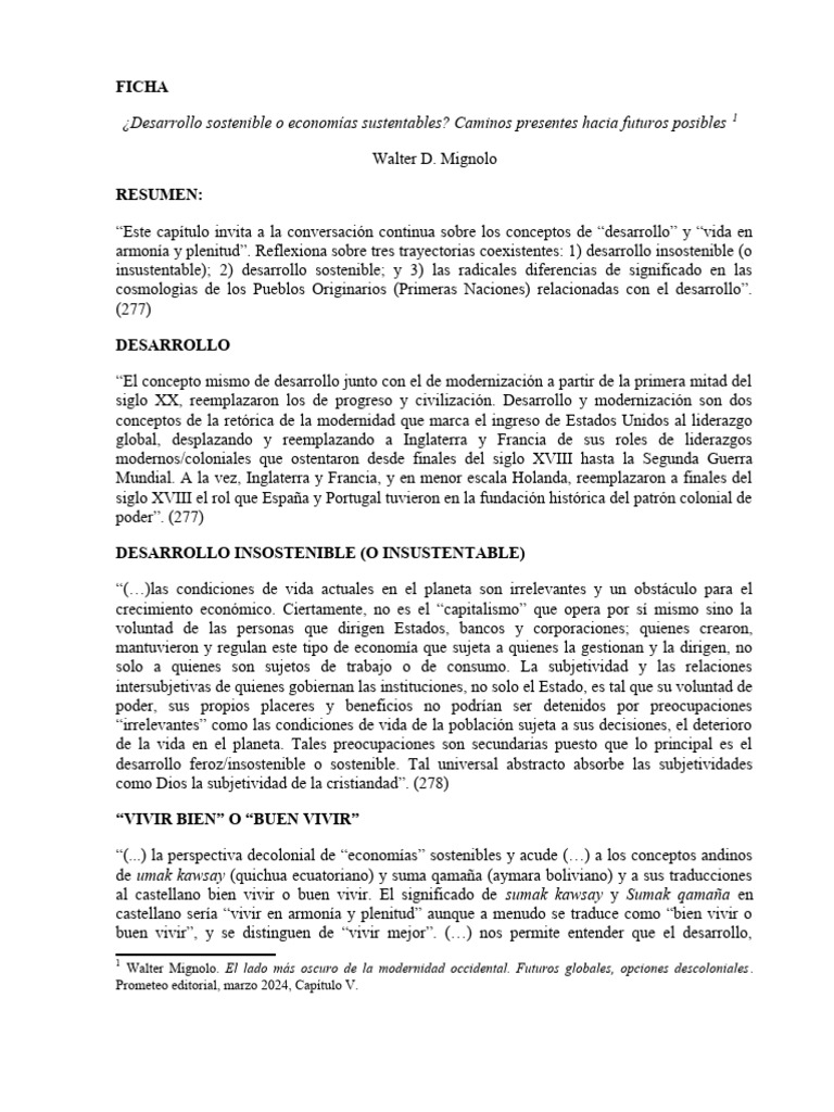 FICHA-Capitulo V - W.Mignolo | Descargar gratis PDF | Desarrollo sostenible | Evolución