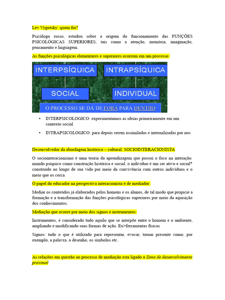 Lev Vygotsky - Resumo | PDF | Psicologia | Pensamento Lev Vygotsky - Resumo | PDF | Psicologia | Pensamento