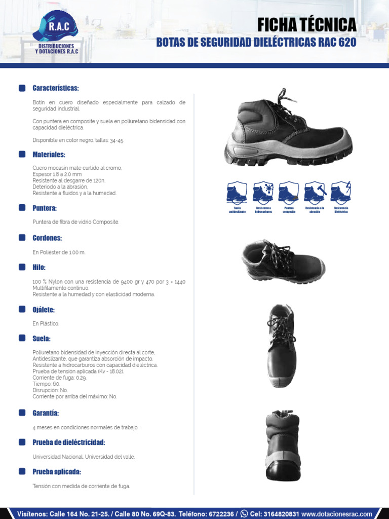 Ficha Tecnica Botas de Seguridad Dielectricas Rac 620 Dotaciones Rac | PDF | Materiales | Sector ...