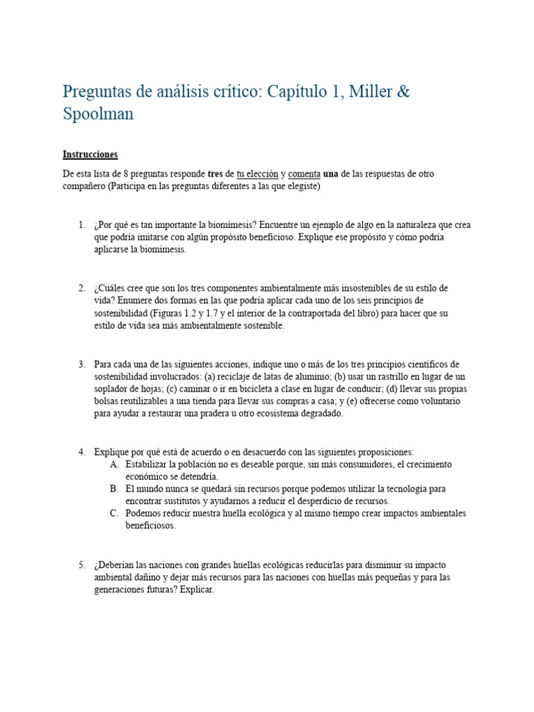 Preguntas de Análisis Crítico Cap. 1 Miller & Spoolman | PDF | Entorno natural | Sustentabilidad
