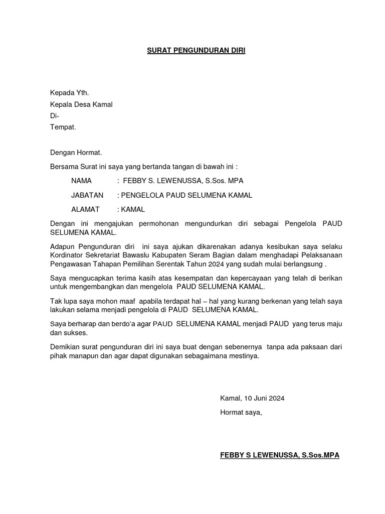 Surat Engunduran Diri Ibu Febby | PDF