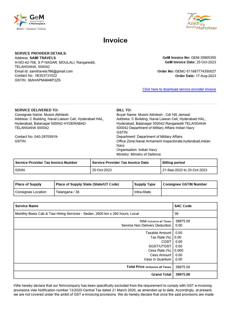 Sep2023-Oct2023 Cab Bill | PDF | Taxes | Invoice