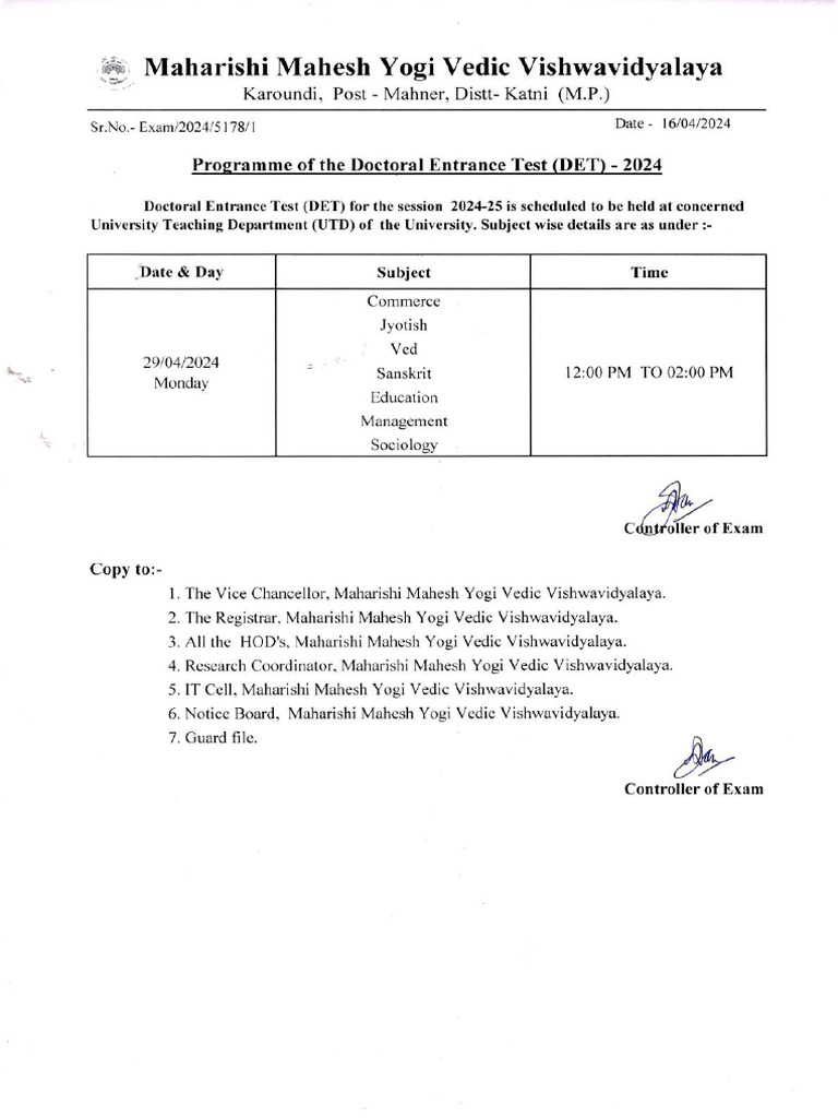 Time Table For DET 2024 | PDF