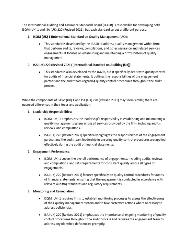 C5 Diff between ISQM (UK) 1 and ISA (UK) 220 (Revised 2021) | PDF ...