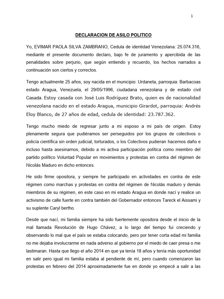 Declaracion de Asilo Evimar Silva Actualizada | PDF | Nicolás Maduro ...