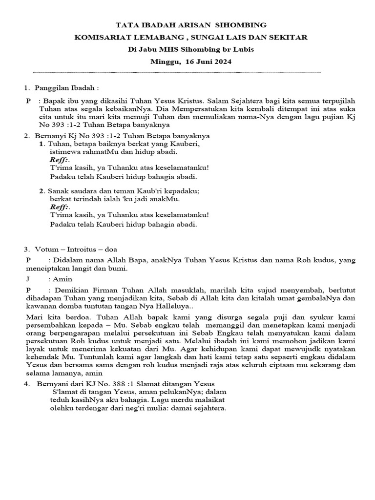 Tata Ibadah Arisan Sihombing 2024 | PDF
