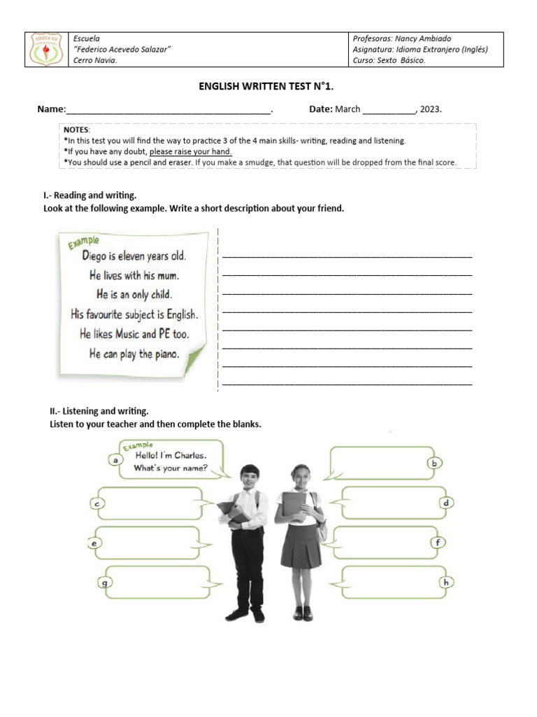 6to ENGLISH WRITTEN TEST N1 | PDF