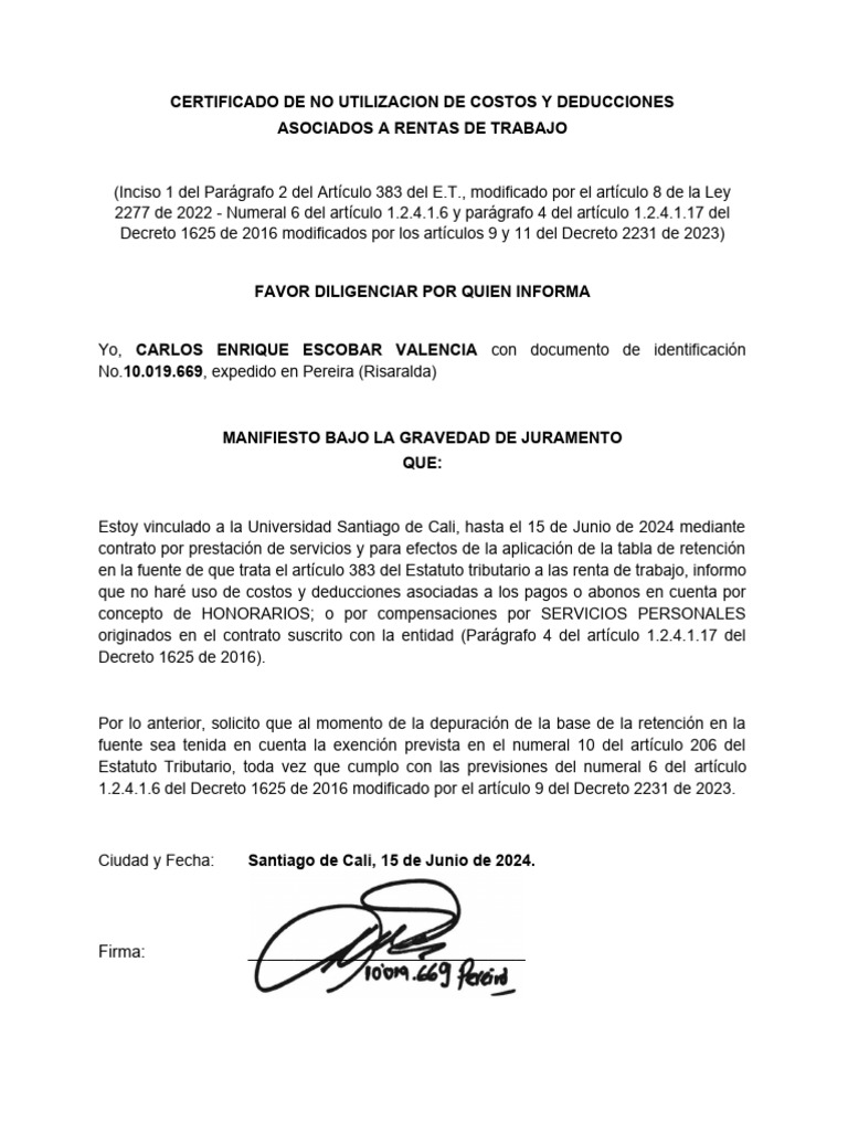 Formato Certificado de No Utilizacion de Costos y Deducciones | PDF