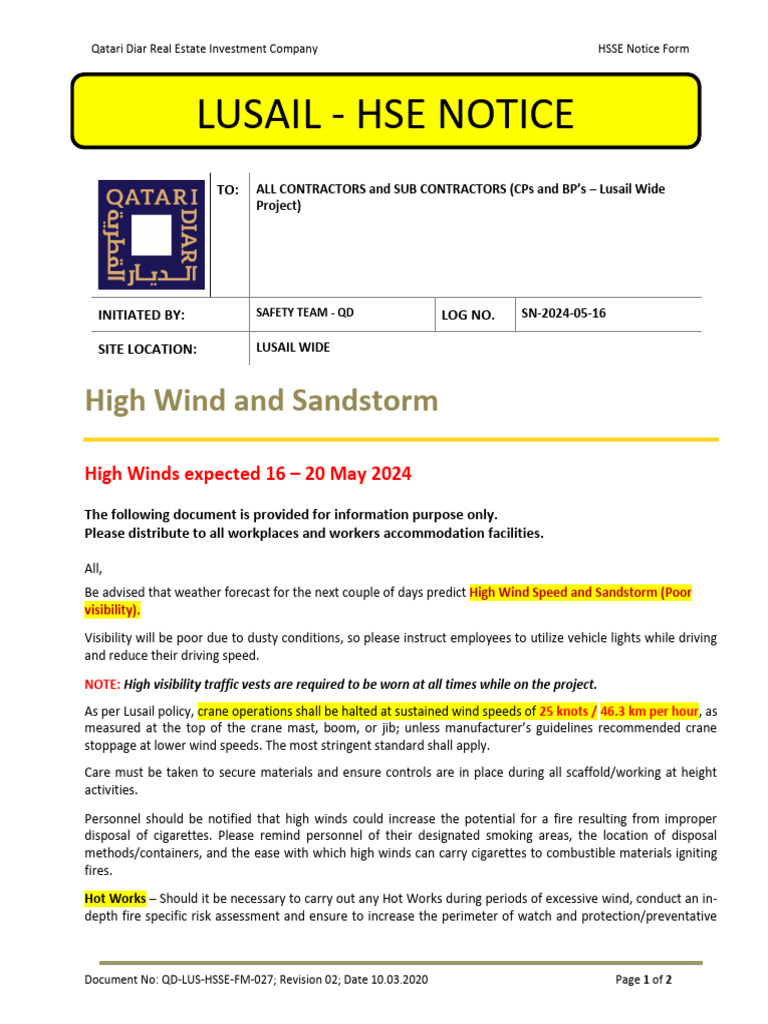 2024-05-16 HSSE Notice (High Wind & Sand Storms) | PDF | Wound | Crane ...