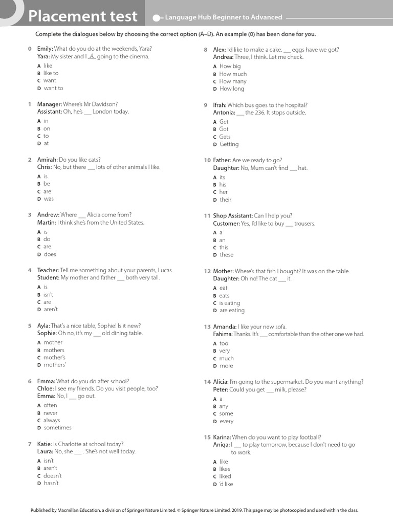 Macmillan Language Hub Placement Test | PDF