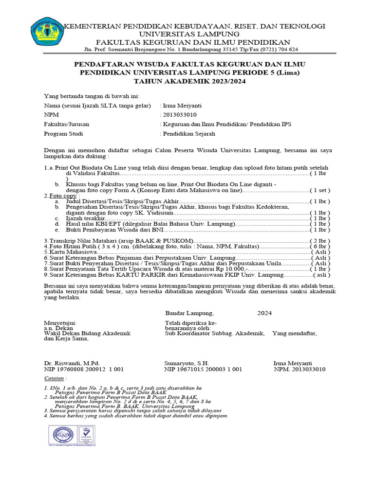Irma - Form B (2) Syarat Wisuda | PDF