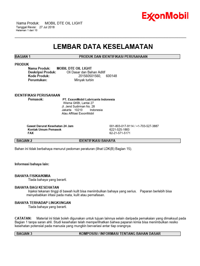 Lembar Data Keselamatan Mobil DTE Oil Light | PDF