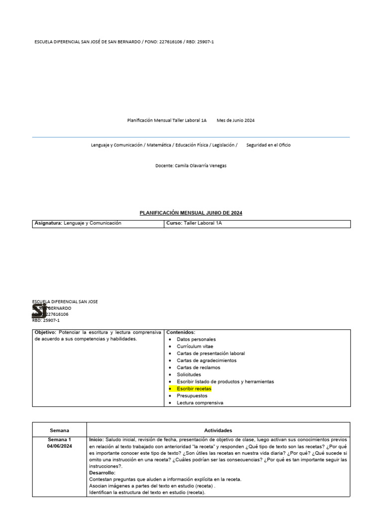 Planificación Mes de Junio L1 | PDF