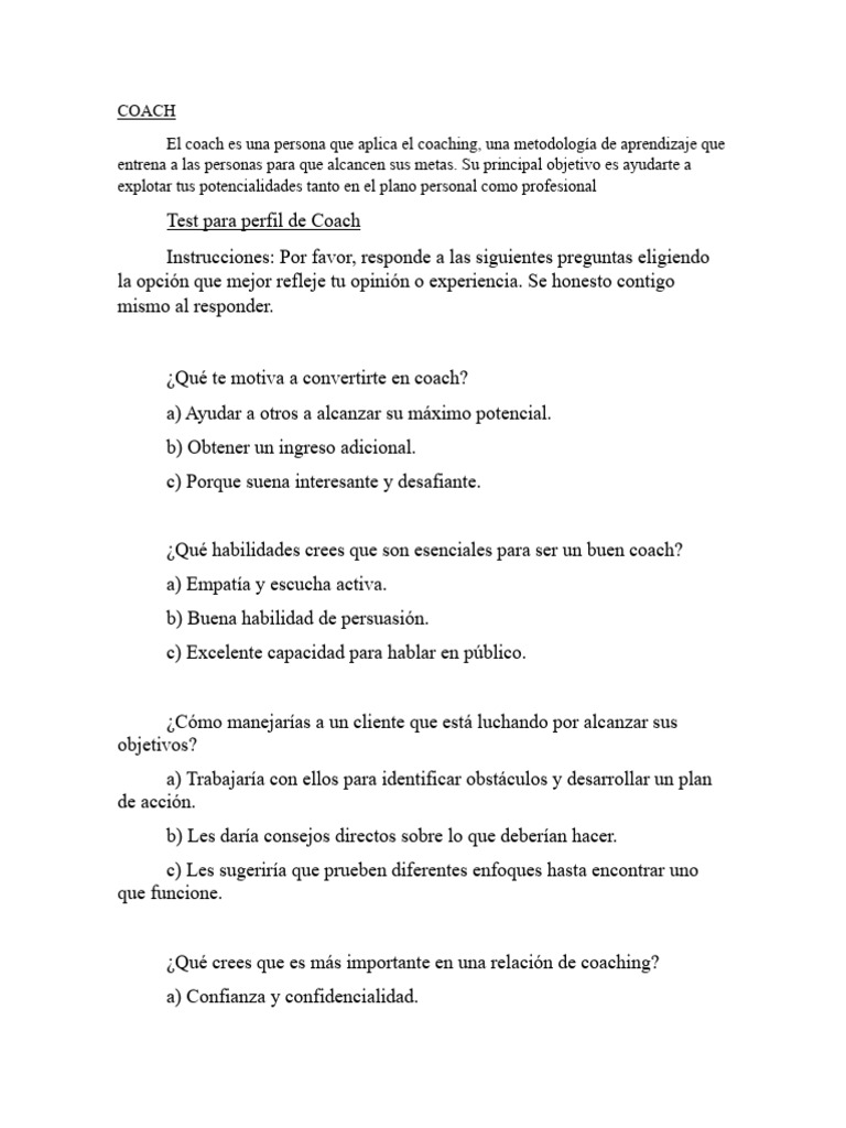 Test para aspirantes a Coach | PDF | Ciencia cognitiva | Conceptos ...