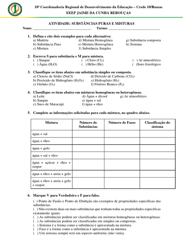 Atividade Química Primeiro Ano Substâncias Puras E Misturas Ep