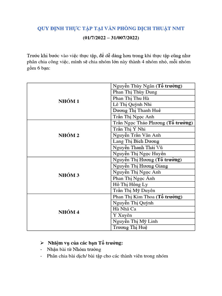 QUY ĐỊNH THỰC TẬP TẠI VĂN PHÒNG DỊCH THUẬT NMT | PDF