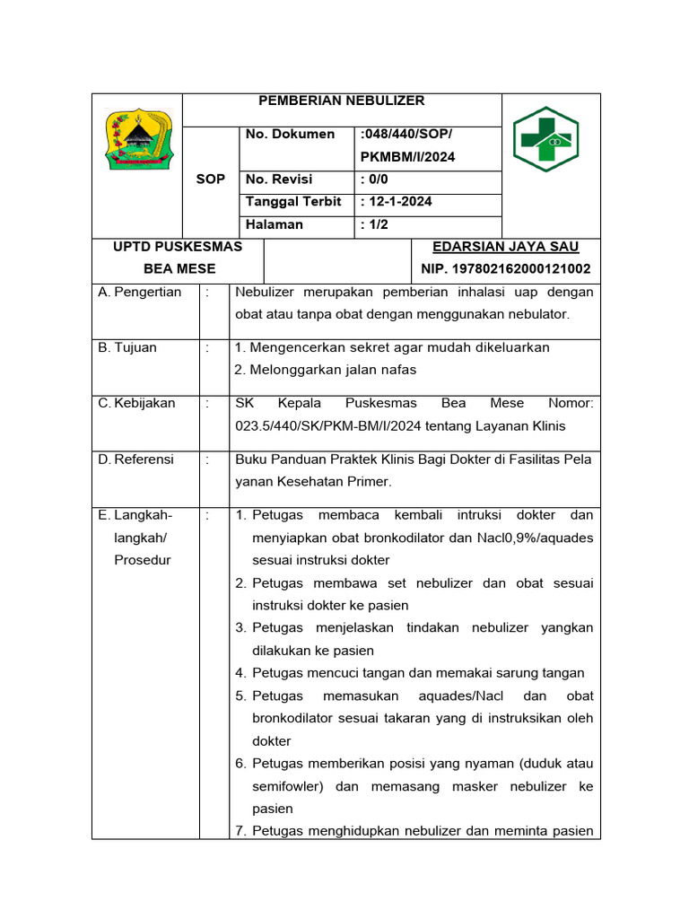 Sop Pemberian Nebulizer | PDF | Pengembangan Diri | Kesehatan Holistik