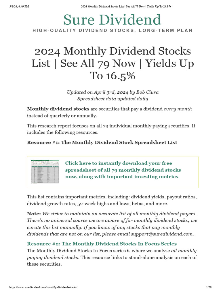 2024 Monthly Dividend Stocks List | PDF | Dividend | Investing