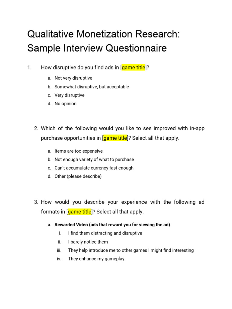 Qualitative Monetization Research - Sample Interview Questionnaire | PDF