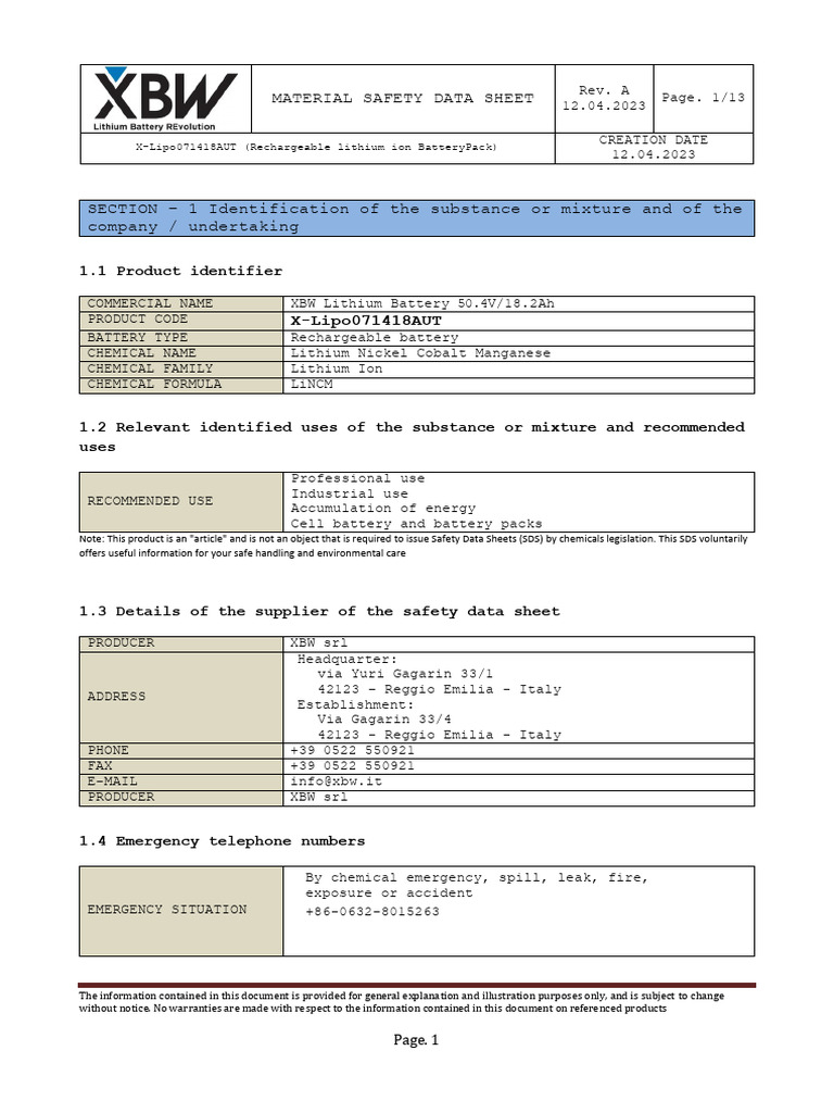 MSDS en | PDF | Dangerous Goods | Lithium Ion Battery