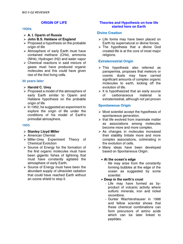 Bio II Reviewer - q2 | PDF | Abiogenesis | Geologic Time Scale