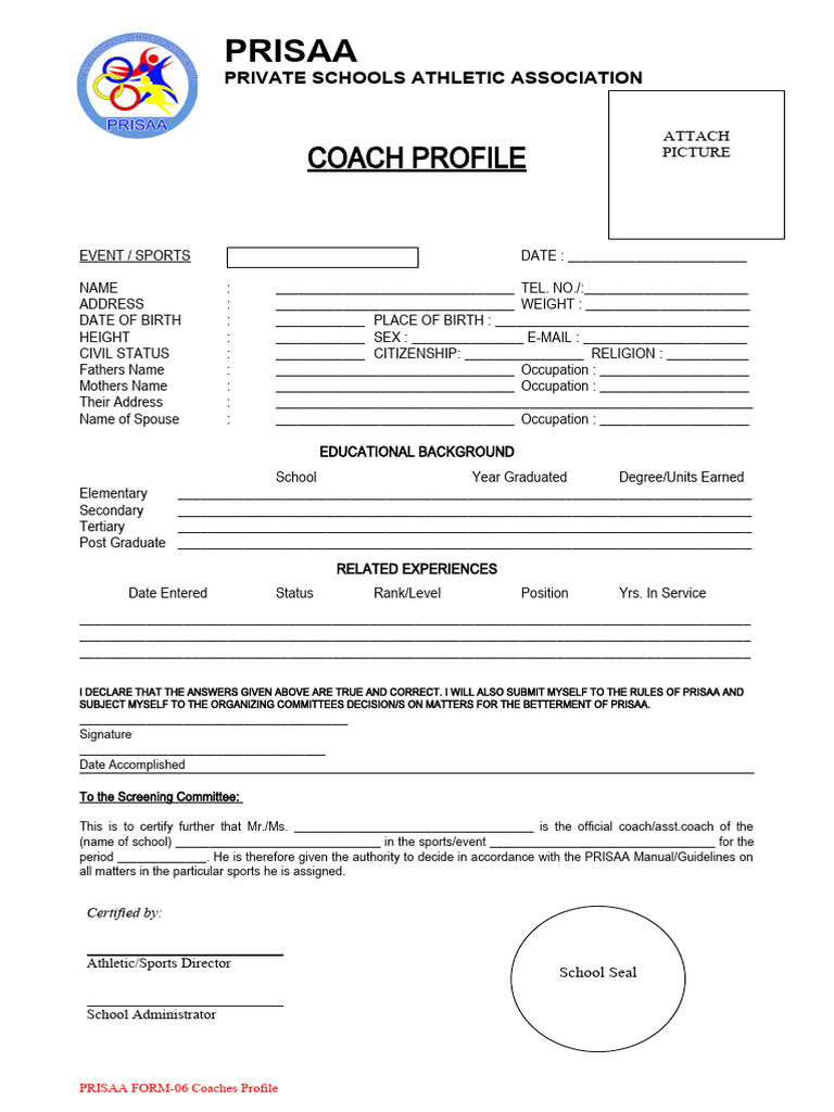 PRISAA FORM 06 Coaches Profile | PDF | Justice | Crime & Violence